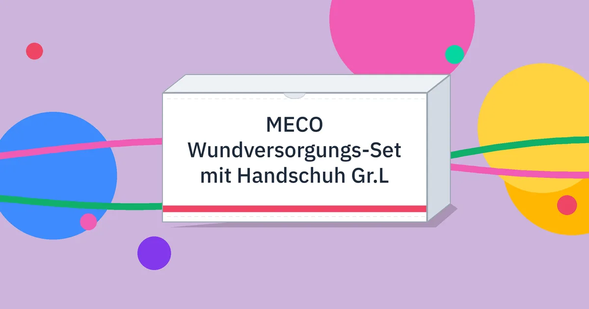 Symbolbild: Packung mit der Aufschrift MECO Wundversorgungs-Set mit Handschuh Gr.L (PZN 18436175) – Verfügbarkeit und Bezug in Apotheken in Frankfurt am Main