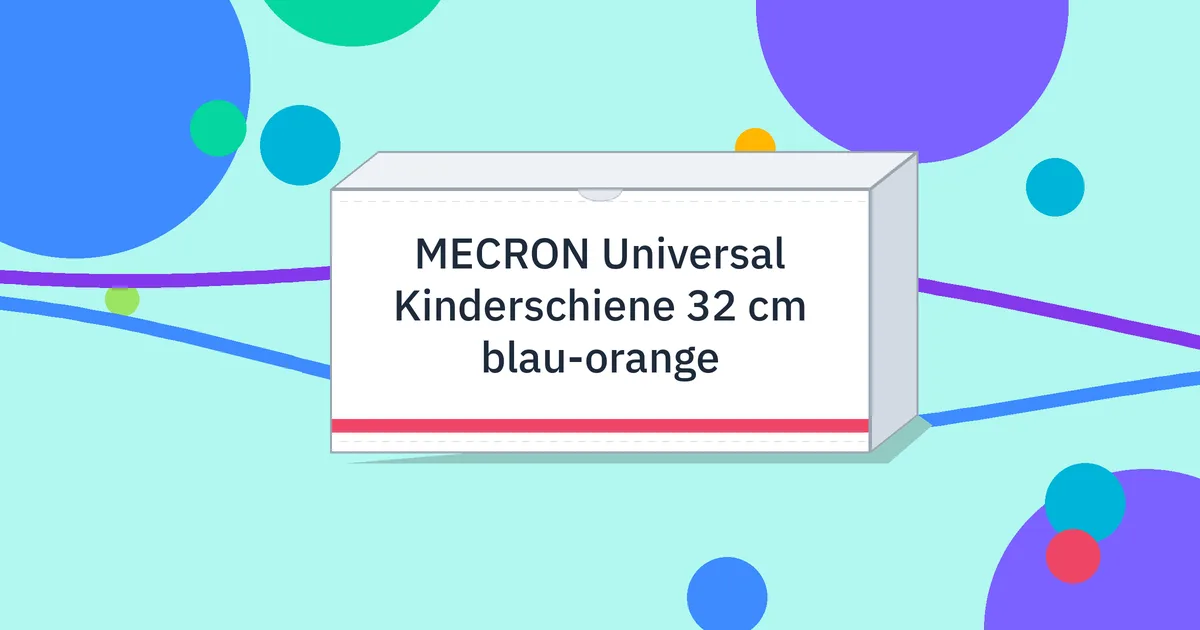 Symbolbild: Packung mit der Aufschrift MECRON Universal Kinderschiene 32 cm blau-orange (PZN 02907690) – Verfügbarkeit und Bezug in Apotheken in Frankfurt am Main