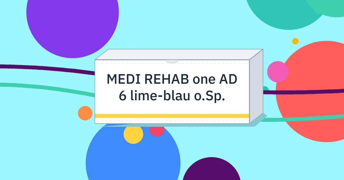 Symbolbild: Packung mit der Aufschrift MEDI REHAB one AD 6 lime-blau o.Sp. (PZN 18898154) – Verfügbarkeit und Bezug in Apotheken in Frankfurt am Main