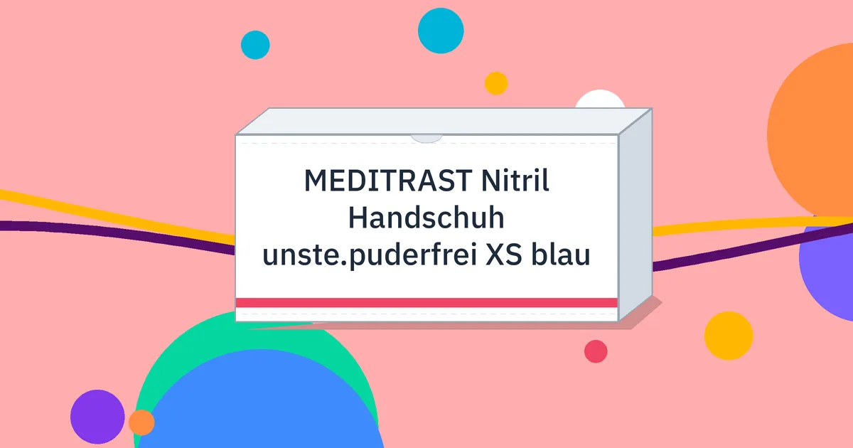 Symbolbild: Packung mit der Aufschrift MEDITRAST Nitril Handschuh unste.puderfrei XS blau (PZN 13510955) – Verfügbarkeit und Bezug in Apotheken in Frankfurt am Main