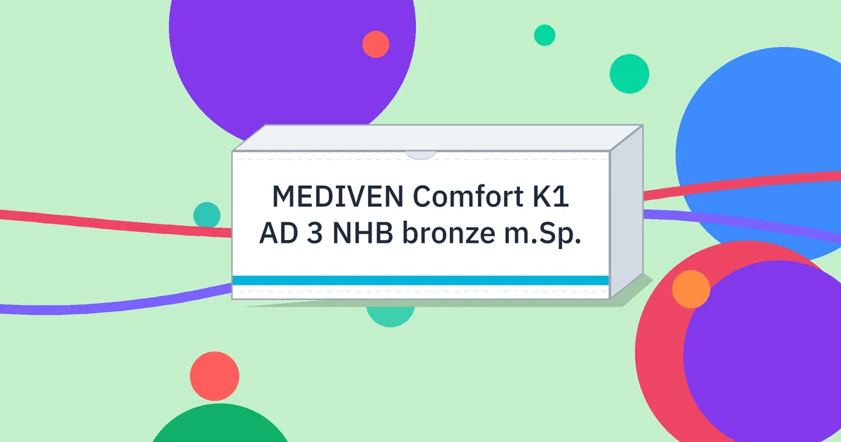Symbolbild: Packung mit der Aufschrift MEDIVEN Comfort K1 AD 3 NHB bronze m.Sp. (PZN 14560464) – Verfügbarkeit und Bezug in Apotheken in Frankfurt am Main