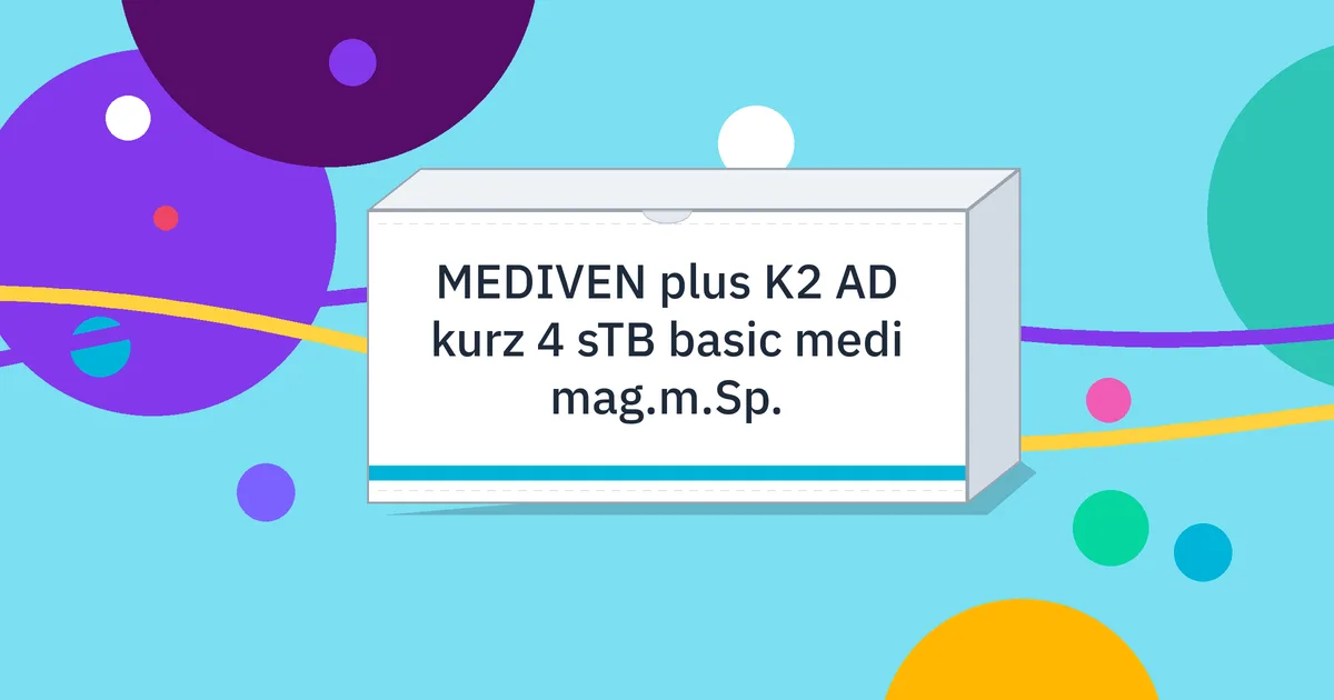 Symbolbild: Packung mit der Aufschrift MEDIVEN plus K2 AD kurz 4 sTB basic medi mag.m.Sp. (PZN 15099955) – Verfügbarkeit und Bezug in Apotheken in Frankfurt am Main
