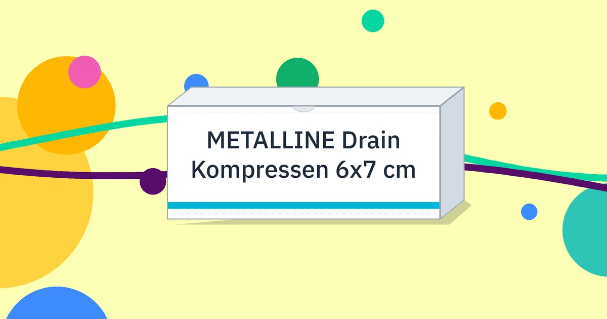 Symbolbild: Packung mit der Aufschrift METALLINE Drain Kompressen 6x7 cm (PZN 16926107) – Verfügbarkeit und Bezug in Apotheken in Frankfurt am Main