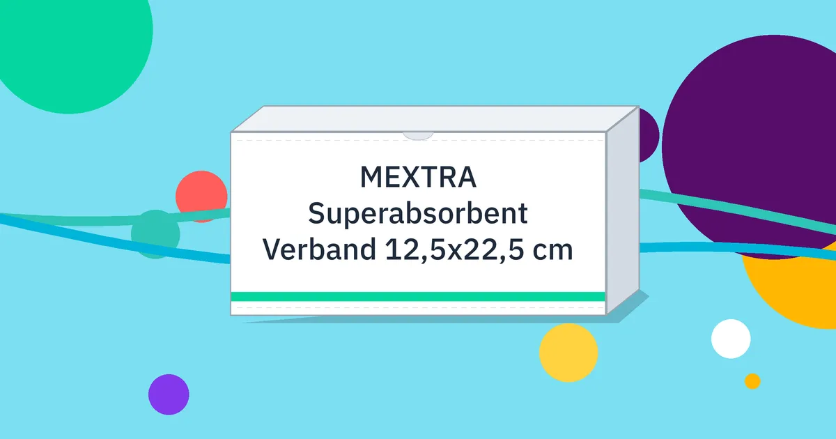 Symbolbild: Packung mit der Aufschrift MEXTRA Superabsorbent Verband 12,5x22,5 cm (PZN 13965905) – Verfügbarkeit und Bezug in Apotheken in Frankfurt am Main