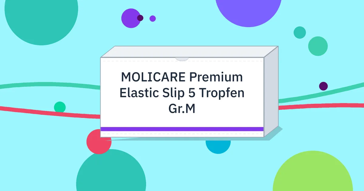 Symbolbild: Packung mit der Aufschrift MOLICARE Premium Elastic Slip 5 Tropfen Gr.M (PZN 14215135) – Verfügbarkeit und Bezug in Apotheken in Frankfurt am Main