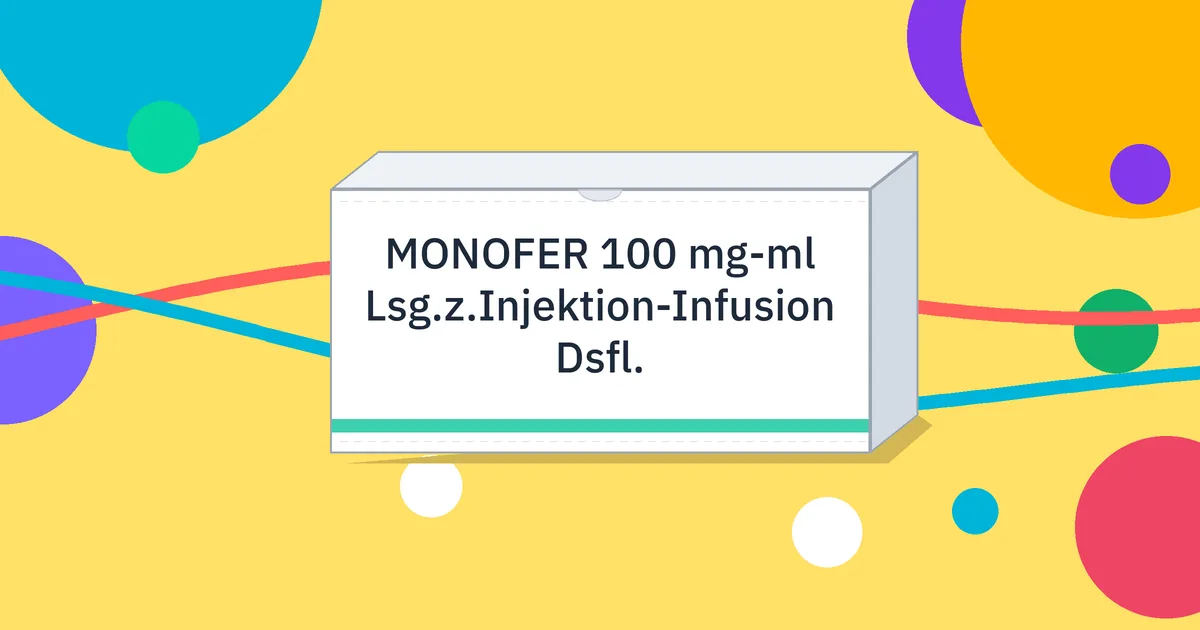Symbolbild: Packung mit der Aufschrift MONOFER 100 mg-ml Lsg.z.Injektion-Infusion Dsfl. (PZN 19719952) – Verfügbarkeit und Bezug in Apotheken in Frankfurt am Main