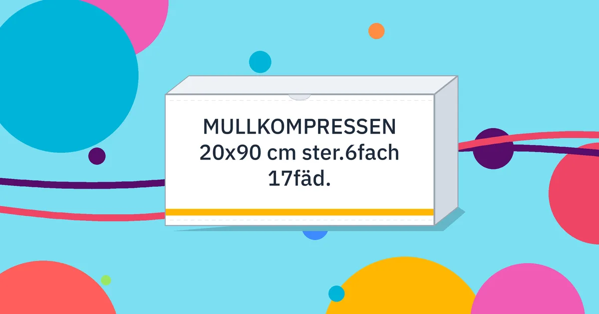 Symbolbild: Packung mit der Aufschrift MULLKOMPRESSEN 20x90 cm ster.6fach 17fäd. (PZN 06929010) – Verfügbarkeit und Bezug in Apotheken in Frankfurt am Main