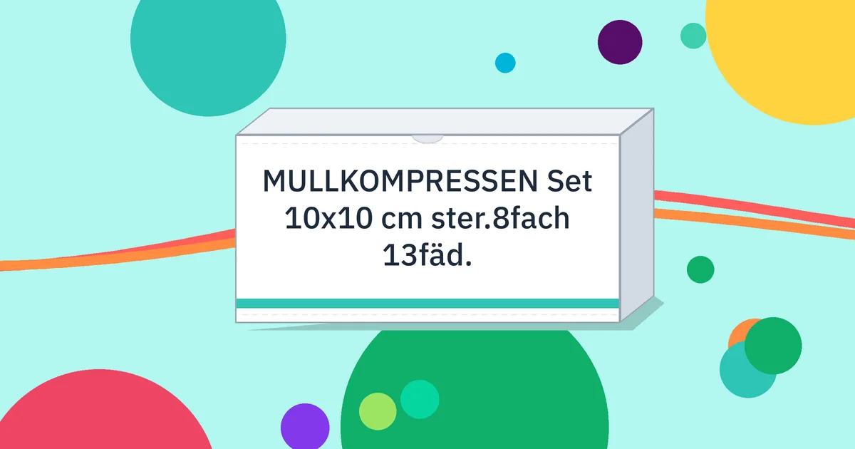 Symbolbild: Packung mit der Aufschrift MULLKOMPRESSEN Set 10x10 cm ster.8fach 13fäd. (PZN 06928944) – Verfügbarkeit und Bezug in Apotheken in Frankfurt am Main