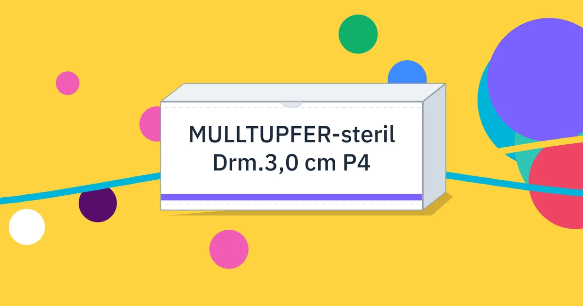 Symbolbild: Packung mit der Aufschrift MULLTUPFER-steril Drm.3,0 cm P4 (PZN 18307093) – Verfügbarkeit und Bezug in Apotheken in Frankfurt am Main