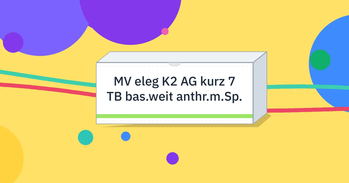 Symbolbild: Packung mit der Aufschrift MV eleg K2 AG kurz 7 TB bas.weit anthr.m.Sp. (PZN 00188423) – Verfügbarkeit und Bezug in Apotheken in Frankfurt am Main