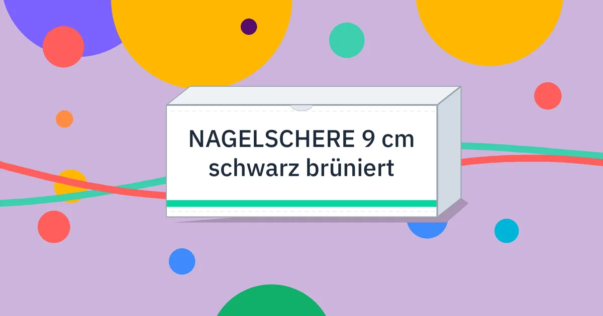 Symbolbild: Packung mit der Aufschrift NAGELSCHERE 9 cm schwarz brüniert (PZN 18106704) – Verfügbarkeit und Bezug in Apotheken in Frankfurt am Main