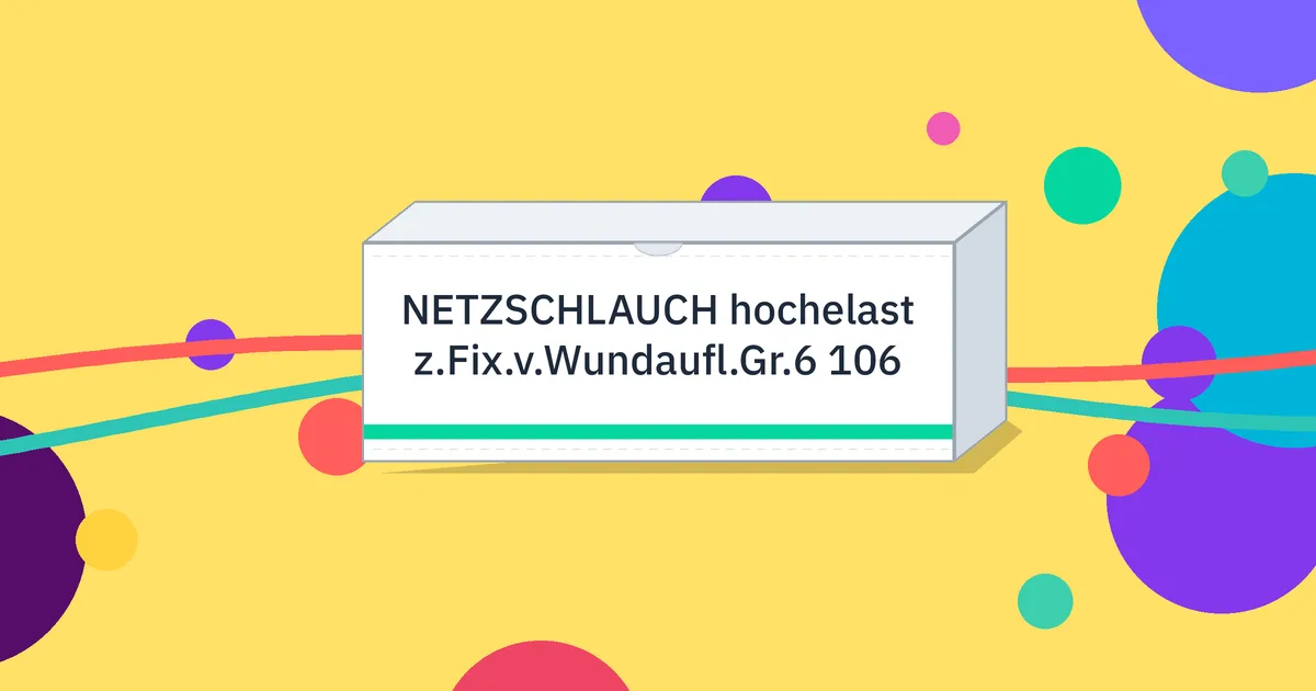 Symbolbild: Packung mit der Aufschrift NETZSCHLAUCH hochelast z.Fix.v.Wundaufl.Gr.6 106 (PZN 04303594) – Verfügbarkeit und Bezug in Apotheken in Frankfurt am Main