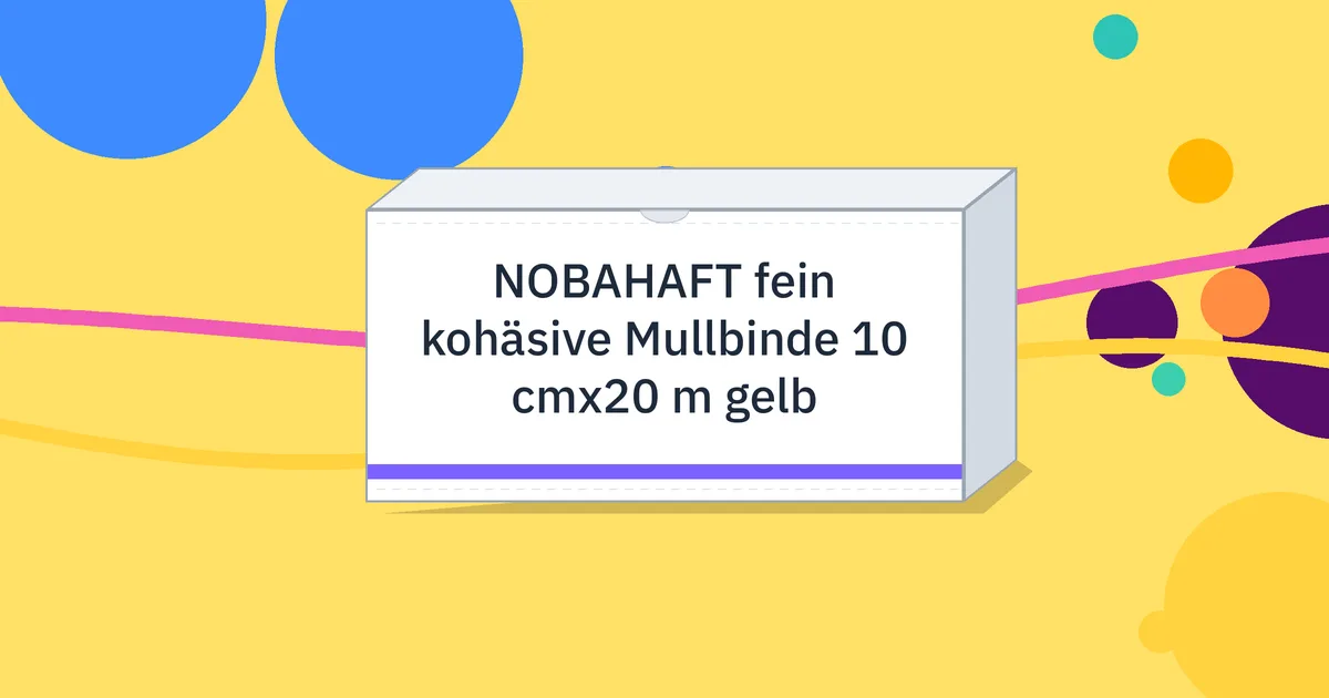 Symbolbild: Packung mit der Aufschrift NOBAHAFT fein kohäsive Mullbinde 10 cmx20 m gelb (PZN 16028437) – Verfügbarkeit und Bezug in Apotheken in Frankfurt am Main