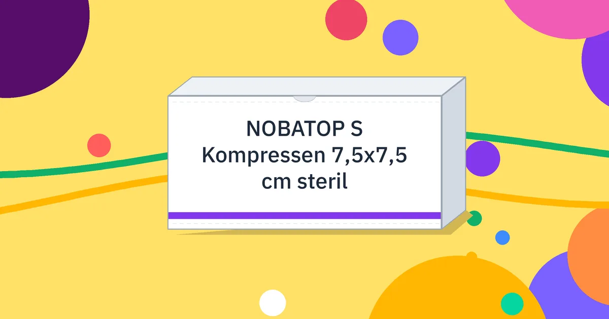 Symbolbild: Packung mit der Aufschrift NOBATOP S Kompressen 7,5x7,5 cm steril (PZN 05508720) – Verfügbarkeit und Bezug in Apotheken in Frankfurt am Main