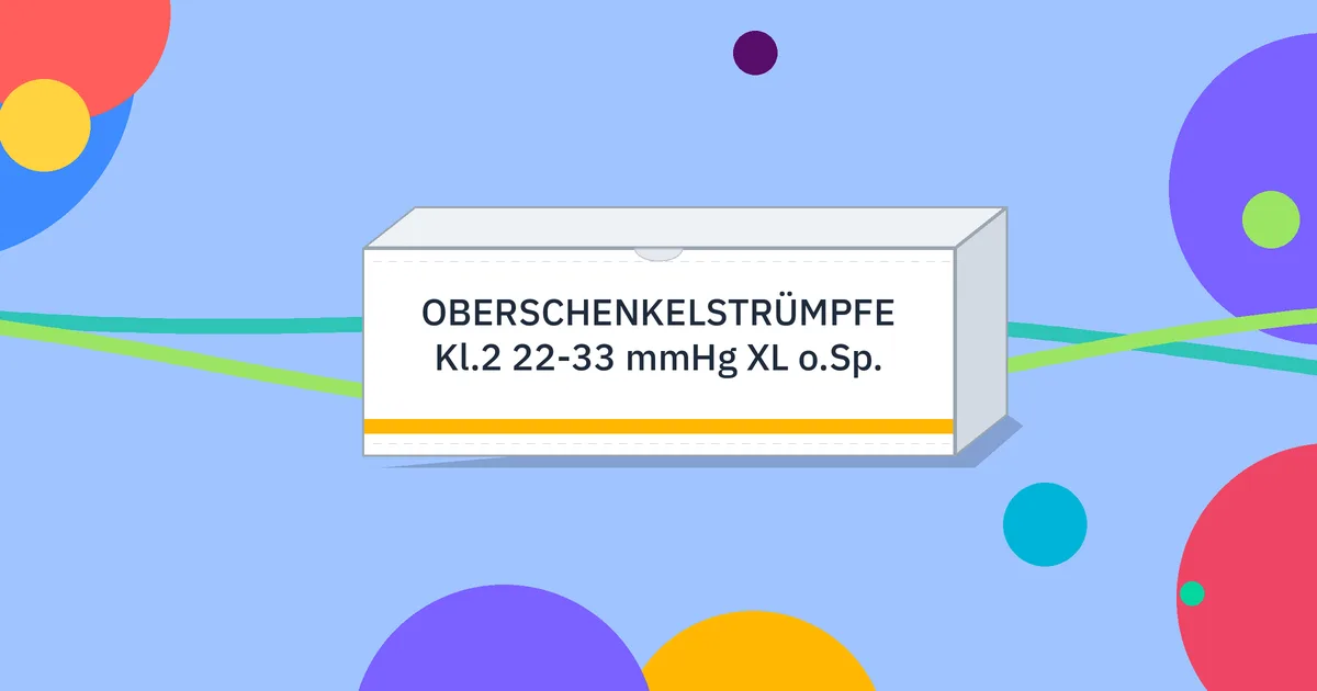 Symbolbild: Packung mit der Aufschrift OBERSCHENKELSTRÜMPFE Kl.2 22-33 mmHg XL o.Sp. (PZN 19072574) – Verfügbarkeit und Bezug in Apotheken in Frankfurt am Main