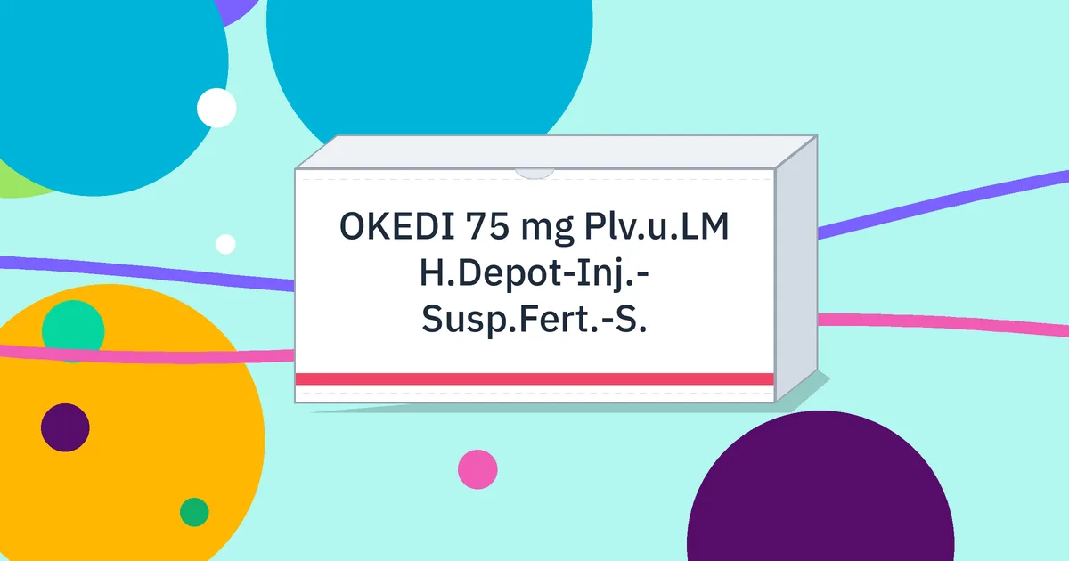 Symbolbild: Packung mit der Aufschrift OKEDI 75 mg Plv.u.LM H.Depot-Inj.-Susp.Fert.-S. (PZN 19723066) – Verfügbarkeit und Bezug in Apotheken in Frankfurt am Main