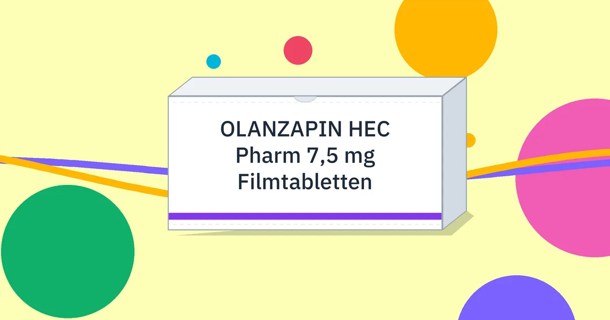 Symbolbild: Packung mit der Aufschrift OLANZAPIN HEC Pharm 7,5 mg Filmtabletten (PZN 11882753) – Verfügbarkeit und Bezug in Apotheken in Frankfurt am Main