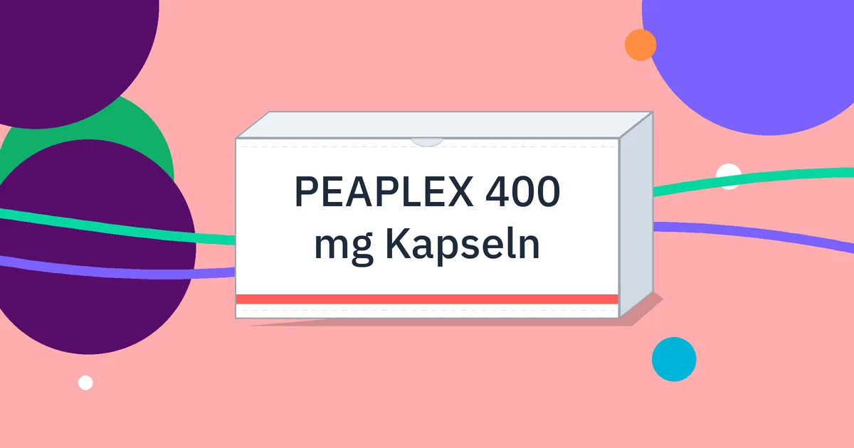 Symbolbild: Packung mit der Aufschrift PEAPLEX 400 mg Kapseln (PZN 17966333) – Verfügbarkeit und Bezug in Apotheken in Frankfurt am Main