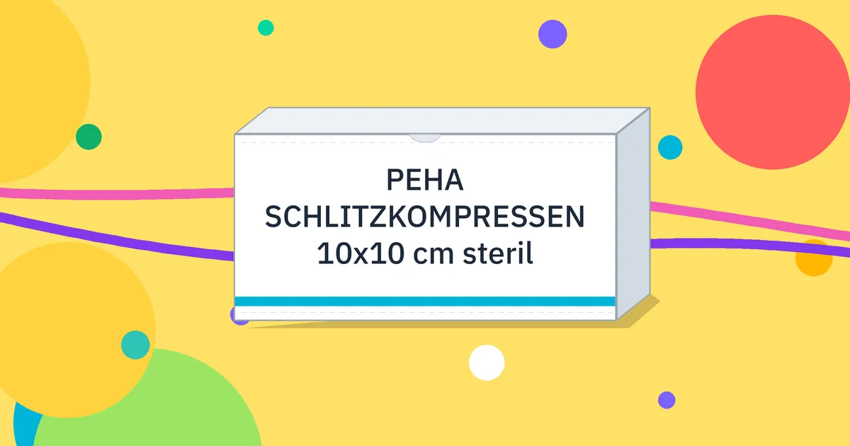 Symbolbild: Packung mit der Aufschrift PEHA SCHLITZKOMPRESSEN 10x10 cm steril (PZN 18445754) – Verfügbarkeit und Bezug in Apotheken in Frankfurt am Main