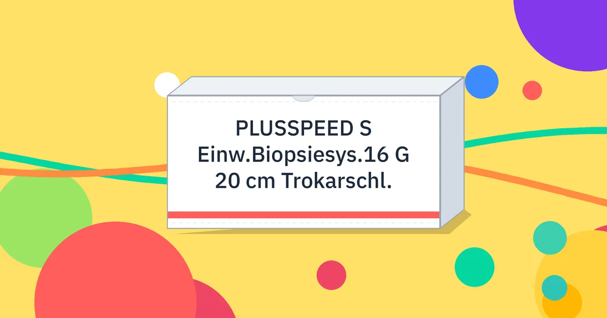 Symbolbild: Packung mit der Aufschrift PLUSSPEED S Einw.Biopsiesys.16 G 20 cm Trokarschl. (PZN 14258245) – Verfügbarkeit und Bezug in Apotheken in Frankfurt am Main