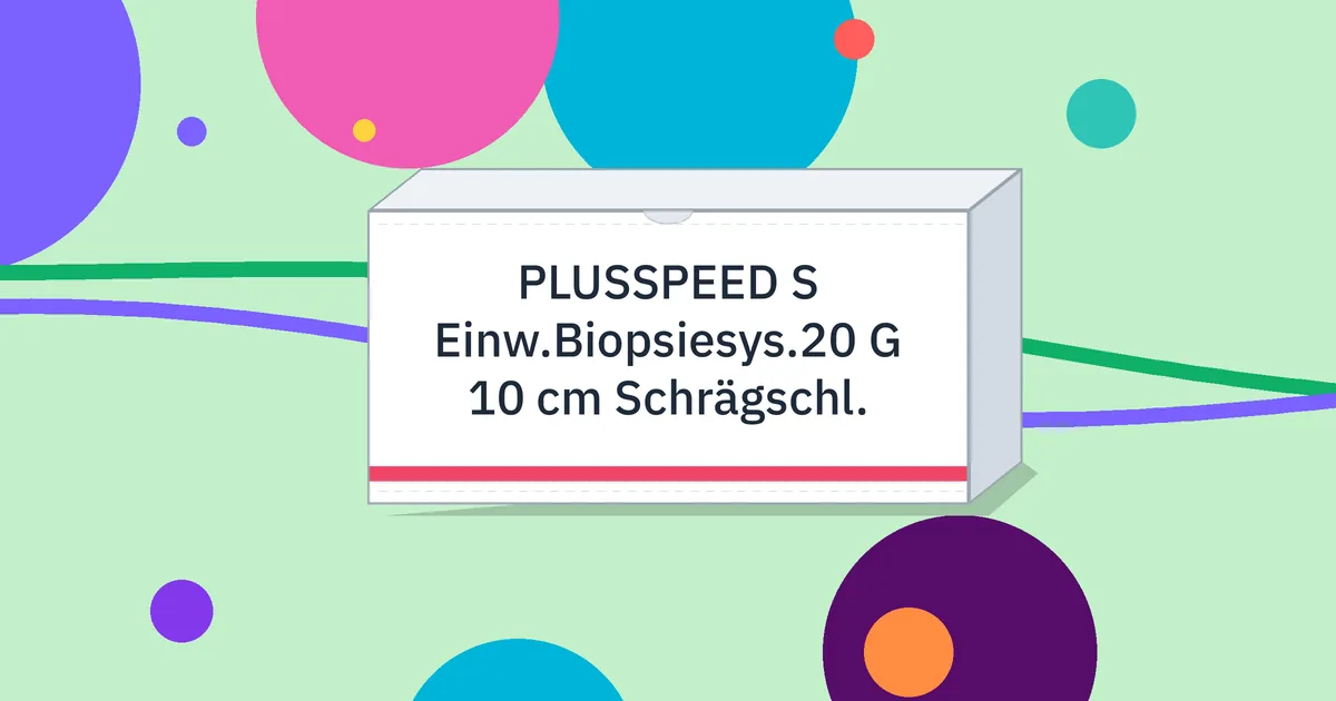 Symbolbild: Packung mit der Aufschrift PLUSSPEED S Einw.Biopsiesys.20 G 10 cm Schrägschl. (PZN 14258392) – Verfügbarkeit und Bezug in Apotheken in Frankfurt am Main
