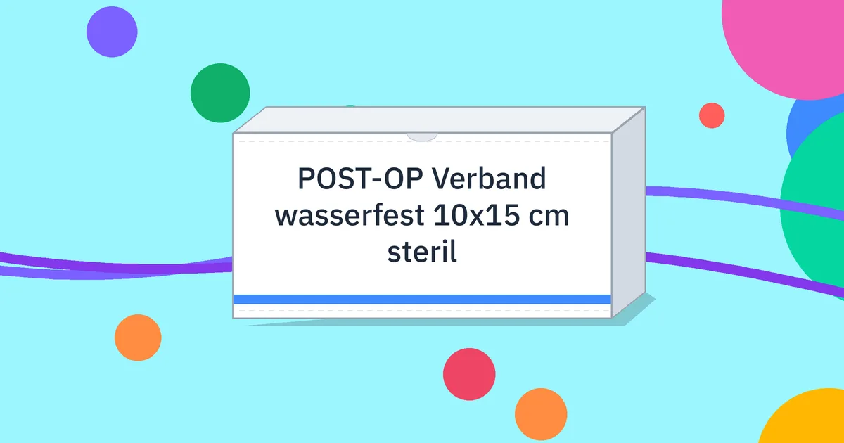Symbolbild: Packung mit der Aufschrift POST-OP Verband wasserfest 10x15 cm steril (PZN 17562417) – Verfügbarkeit und Bezug in Apotheken in Frankfurt am Main