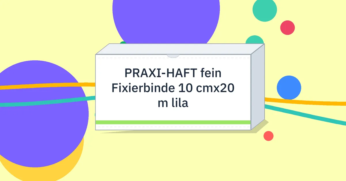 Symbolbild: Packung mit der Aufschrift PRAXI-HAFT fein Fixierbinde 10 cmx20 m lila (PZN 12826165) – Verfügbarkeit und Bezug in Apotheken in Frankfurt am Main