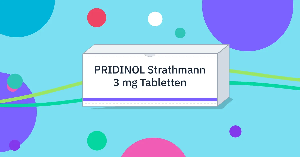 Symbolbild: Packung mit der Aufschrift PRIDINOL Strathmann 3 mg Tabletten (PZN 17844446) – Verfügbarkeit und Bezug in Apotheken in Frankfurt am Main
