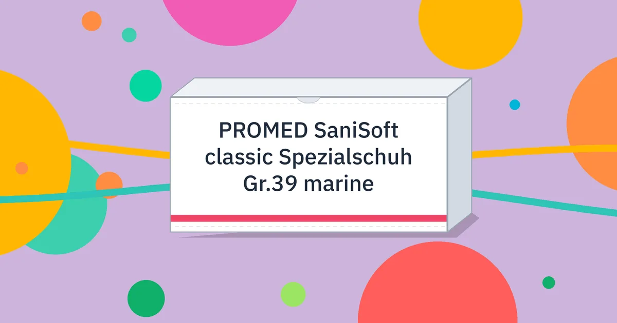 Symbolbild: Packung mit der Aufschrift PROMED SaniSoft classic Spezialschuh Gr.39 marine (PZN 19274208) – Verfügbarkeit und Bezug in Apotheken in Frankfurt am Main