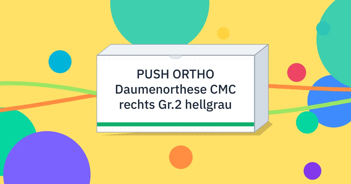Symbolbild: Packung mit der Aufschrift PUSH ORTHO Daumenorthese CMC rechts Gr.2 hellgrau (PZN 09532626) – Verfügbarkeit und Bezug in Apotheken in Frankfurt am Main