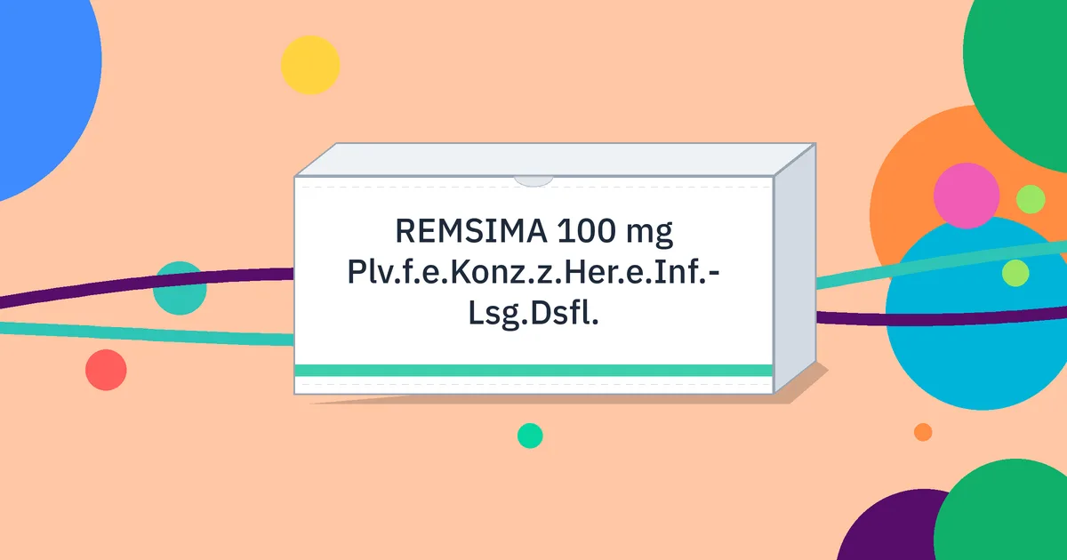 Symbolbild: Packung mit der Aufschrift REMSIMA 100 mg Plv.f.e.Konz.z.Her.e.Inf.-Lsg.Dsfl. (PZN 11228663) – Verfügbarkeit und Bezug in Apotheken in Frankfurt am Main
