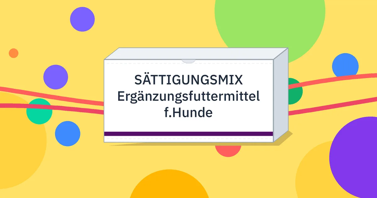 Symbolbild: Packung mit der Aufschrift SÄTTIGUNGSMIX Ergänzungsfuttermittel f.Hunde (PZN 16356236) – Verfügbarkeit und Bezug in Apotheken in Frankfurt am Main