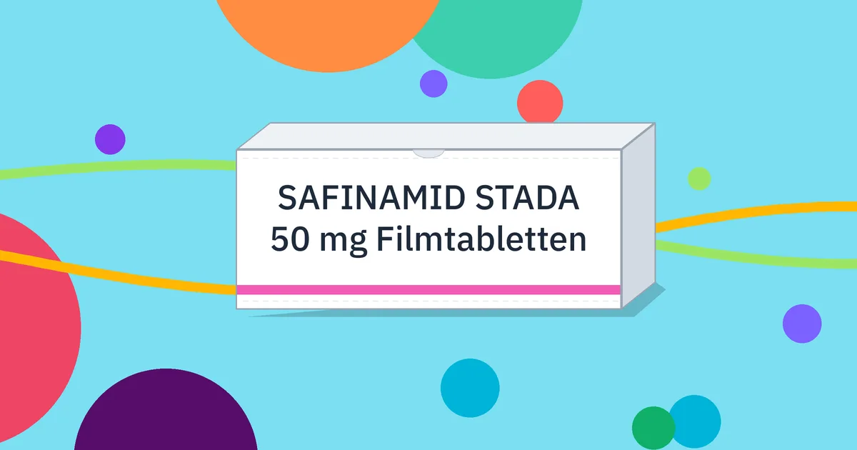 Symbolbild: Packung mit der Aufschrift SAFINAMID STADA 50 mg Filmtabletten (PZN 19491176) – Verfügbarkeit und Bezug in Apotheken in Frankfurt am Main
