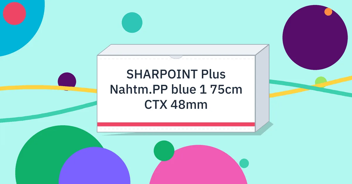 Symbolbild: Packung mit der Aufschrift SHARPOINT Plus Nahtm.PP blue 1 75cm CTX 48mm (PZN 17985661) – Verfügbarkeit und Bezug in Apotheken in Frankfurt am Main