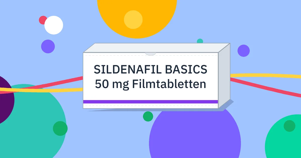 Symbolbild: Packung mit der Aufschrift SILDENAFIL BASICS 50 mg Filmtabletten (PZN 04862980) – Verfügbarkeit und Bezug in Apotheken in Frankfurt am Main