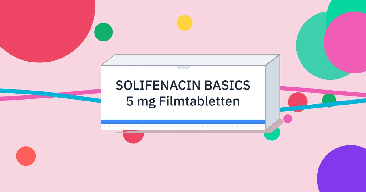 Symbolbild: Packung mit der Aufschrift SOLIFENACIN BASICS 5 mg Filmtabletten (PZN 15616936) – Verfügbarkeit und Bezug in Apotheken in Frankfurt am Main