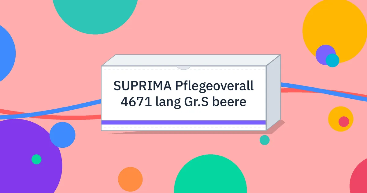 Symbolbild: Packung mit der Aufschrift SUPRIMA Pflegeoverall 4671 lang Gr.S beere (PZN 11660047) – Verfügbarkeit und Bezug in Apotheken in Frankfurt am Main