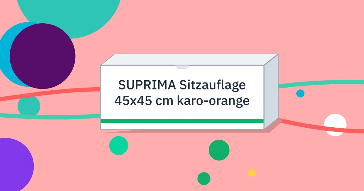 Symbolbild: Packung mit der Aufschrift SUPRIMA Sitzauflage 45x45 cm karo-orange (PZN 14302845) – Verfügbarkeit und Bezug in Apotheken in Frankfurt am Main