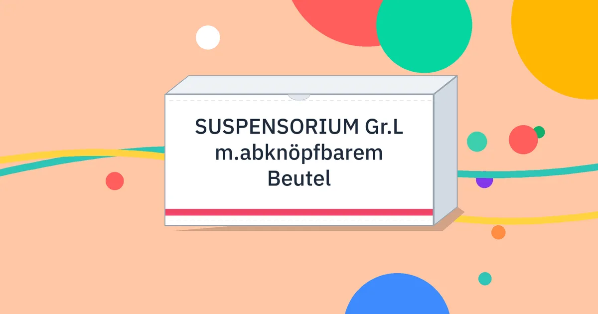 Symbolbild: Packung mit der Aufschrift SUSPENSORIUM Gr.L m.abknöpfbarem Beutel (PZN 18798783) – Verfügbarkeit und Bezug in Apotheken in Frankfurt am Main