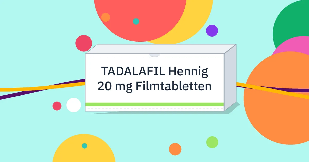 Symbolbild: Packung mit der Aufschrift TADALAFIL Hennig 20 mg Filmtabletten (PZN 12897857) – Verfügbarkeit und Bezug in Apotheken in Frankfurt am Main
