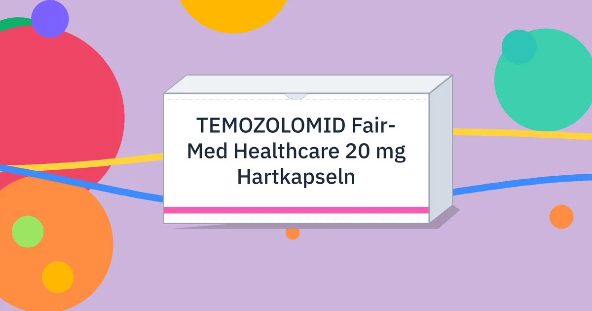 Symbolbild: Packung mit der Aufschrift TEMOZOLOMID Fair-Med Healthcare 20 mg Hartkapseln (PZN 10097443) – Verfügbarkeit und Bezug in Apotheken in Frankfurt am Main