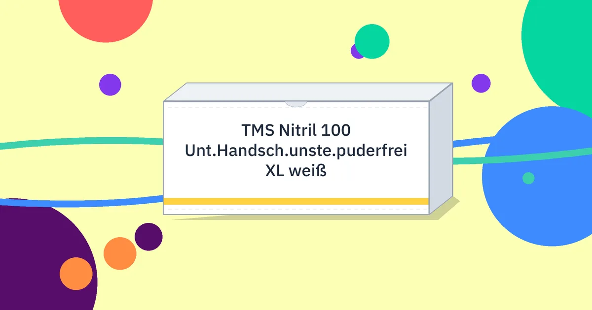 Symbolbild: Packung mit der Aufschrift TMS Nitril 100 Unt.Handsch.unste.puderfrei XL weiß (PZN 20650763) – Verfügbarkeit und Bezug in Apotheken in Frankfurt am Main