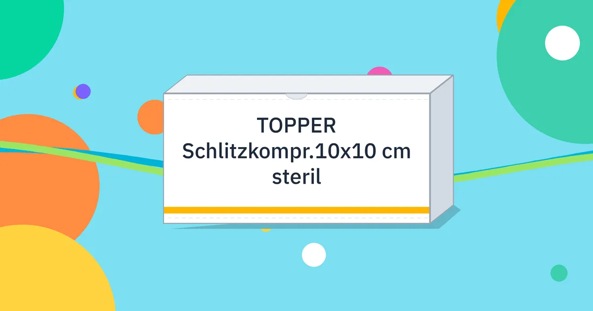 Symbolbild: Packung mit der Aufschrift TOPPER Schlitzkompr.10x10 cm steril (PZN 04481137) – Verfügbarkeit und Bezug in Apotheken in Frankfurt am Main