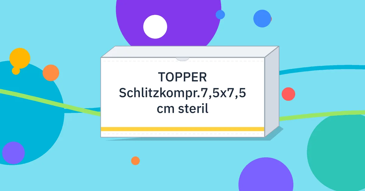 Symbolbild: Packung mit der Aufschrift TOPPER Schlitzkompr.7,5x7,5 cm steril (PZN 05509487) – Verfügbarkeit und Bezug in Apotheken in Frankfurt am Main