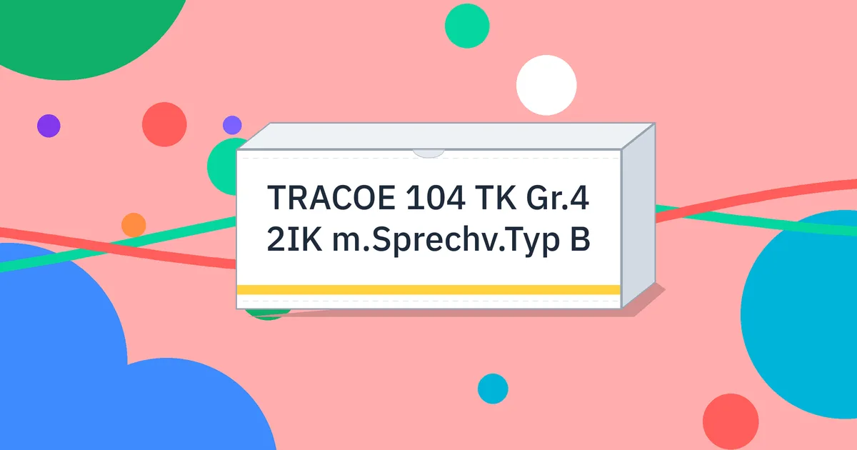 Symbolbild: Packung mit der Aufschrift TRACOE 104 TK Gr.4 2IK m.Sprechv.Typ B (PZN 00911581) – Verfügbarkeit und Bezug in Apotheken in Frankfurt am Main
