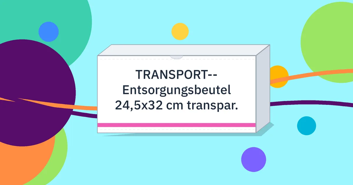 Symbolbild: Packung mit der Aufschrift TRANSPORT--Entsorgungsbeutel 24,5x32 cm transpar. (PZN 03401099) – Verfügbarkeit und Bezug in Apotheken in Frankfurt am Main