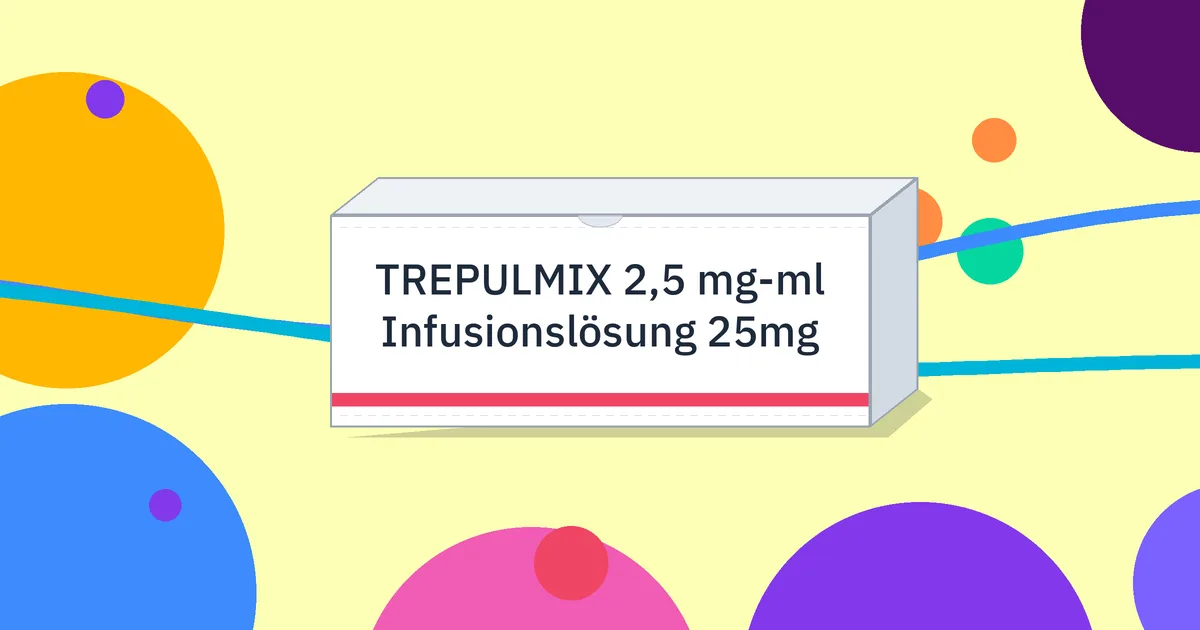 Symbolbild: Packung mit der Aufschrift TREPULMIX 2,5 mg-ml Infusionslösung 25mg (PZN 16802144) – Verfügbarkeit und Bezug in Apotheken in Frankfurt am Main