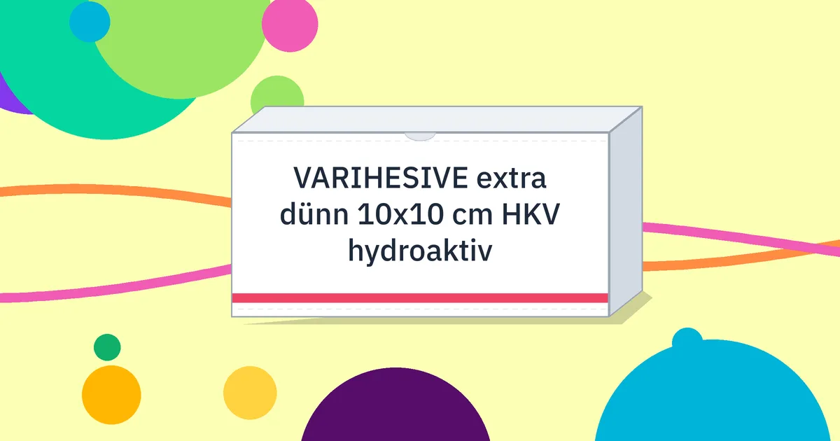 Symbolbild: Packung mit der Aufschrift VARIHESIVE extra dünn 10x10 cm HKV hydroaktiv (PZN 04740171) – Verfügbarkeit und Bezug in Apotheken in Frankfurt am Main