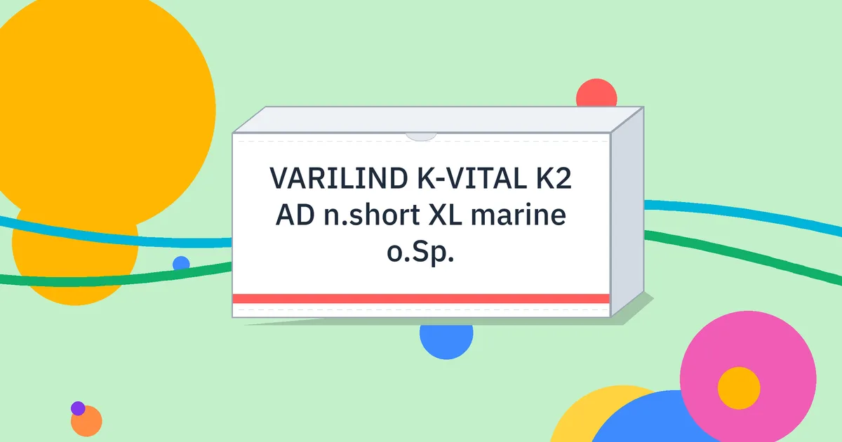 Symbolbild: Packung mit der Aufschrift VARILIND K-VITAL K2 AD n.short XL marine o.Sp. (PZN 20567944) – Verfügbarkeit und Bezug in Apotheken in Frankfurt am Main