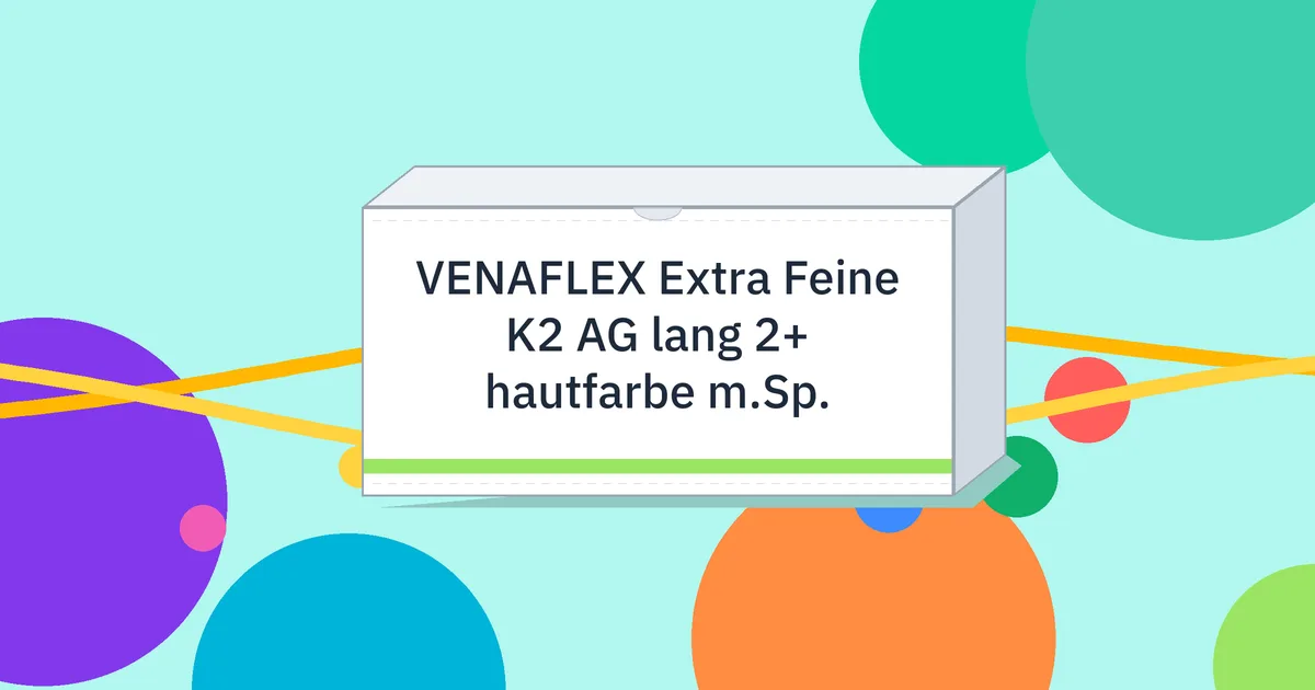 Symbolbild: Packung mit der Aufschrift VENAFLEX Extra Feine K2 AG lang 2+ hautfarbe m.Sp. (PZN 18307756) – Verfügbarkeit und Bezug in Apotheken in Frankfurt am Main